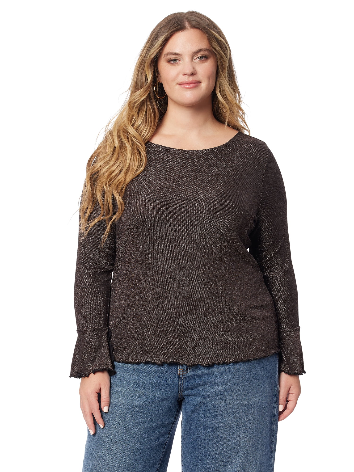 Jessica Simpson Women's Plus Sparkle Knit Pullover Top, Mock Neck, Long ...