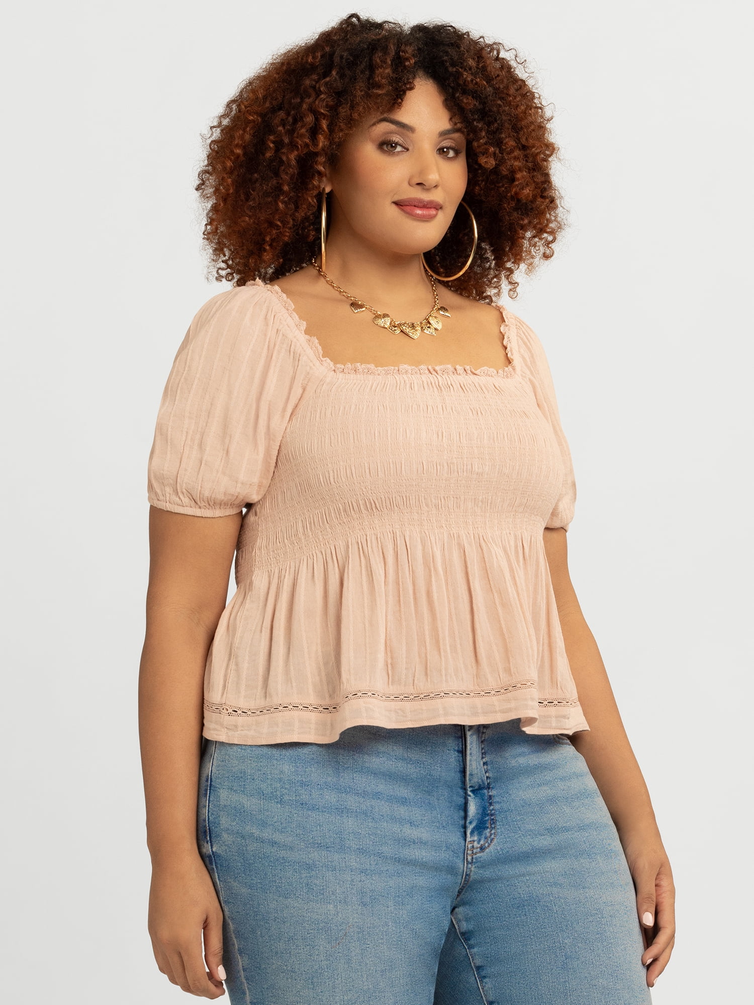 Jessica Simpson Women's and Women's Plus Waverly Cotton Smocked Blouse ...