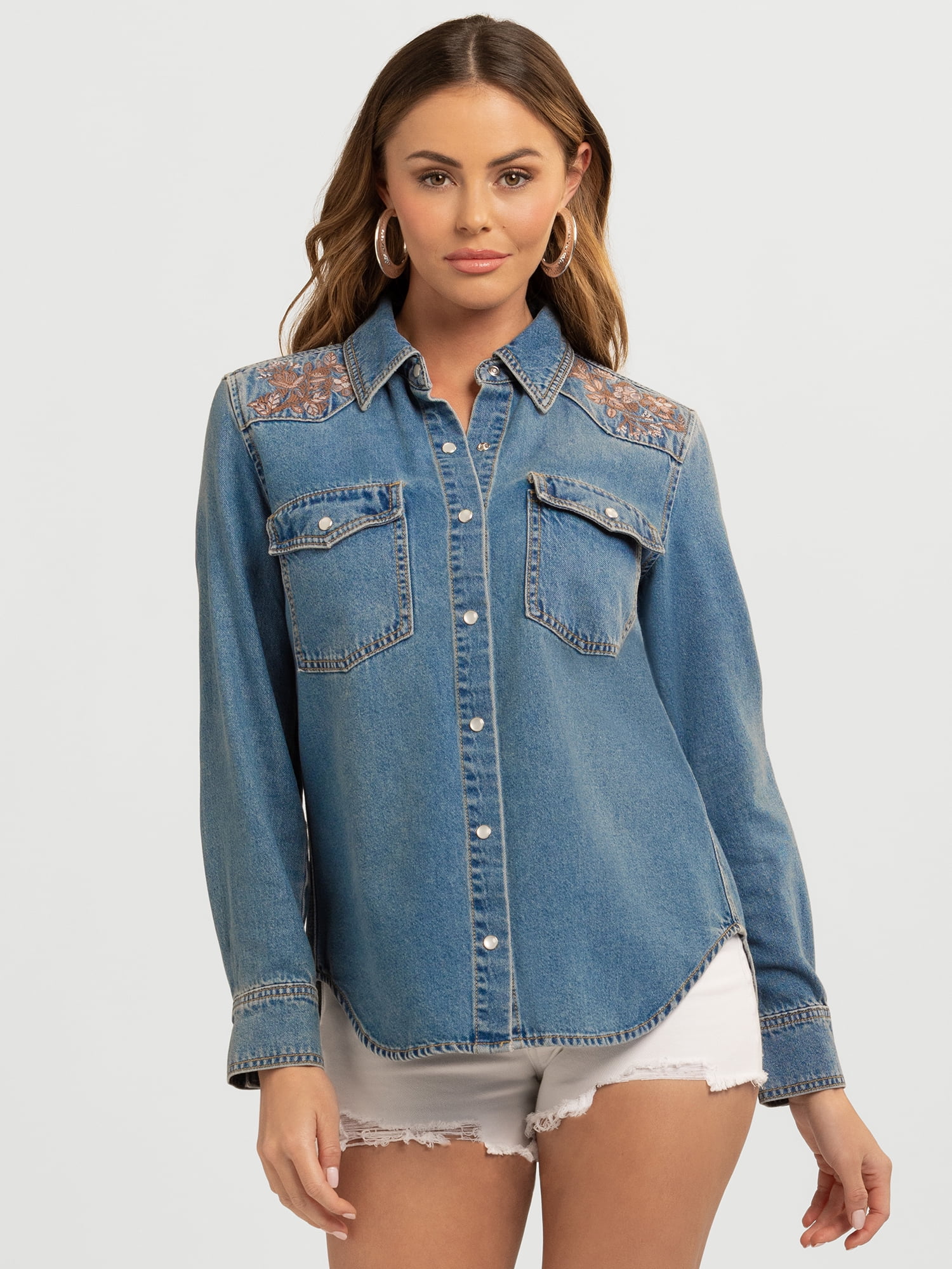 Jessica Simpson Women's Relaxed Denim Shirt with Long Sleeves, Sizes XS ...