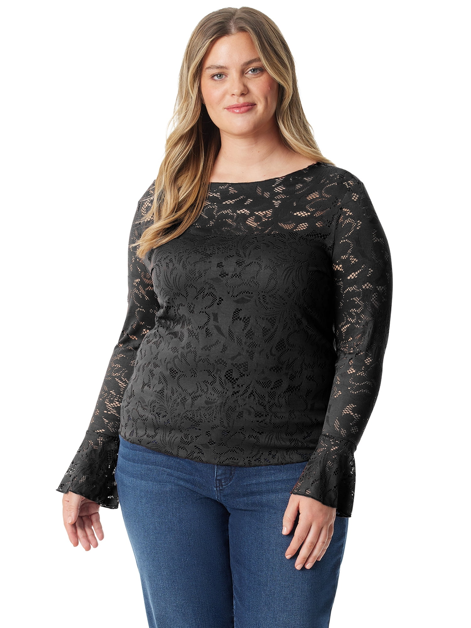 Jessica Simpson Women's Plus Lace Knit Top, Mesh, Lettuce Edge, Pearl ...