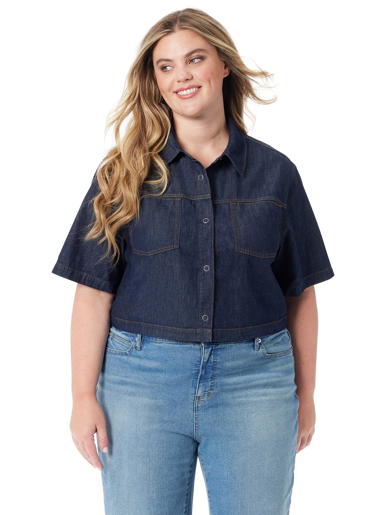 Jessica Simpson Women's Plus Denim Crop Shirt, XS-4X, Short Sleeve ...