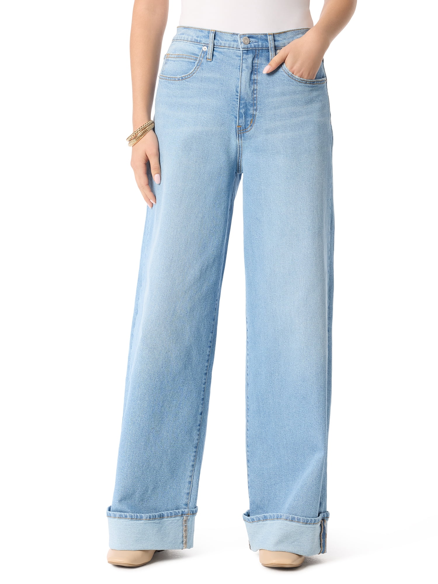 Jessica Simpson Women's and Women's Plus Freesia Wide Leg Cuffed Jeans ...