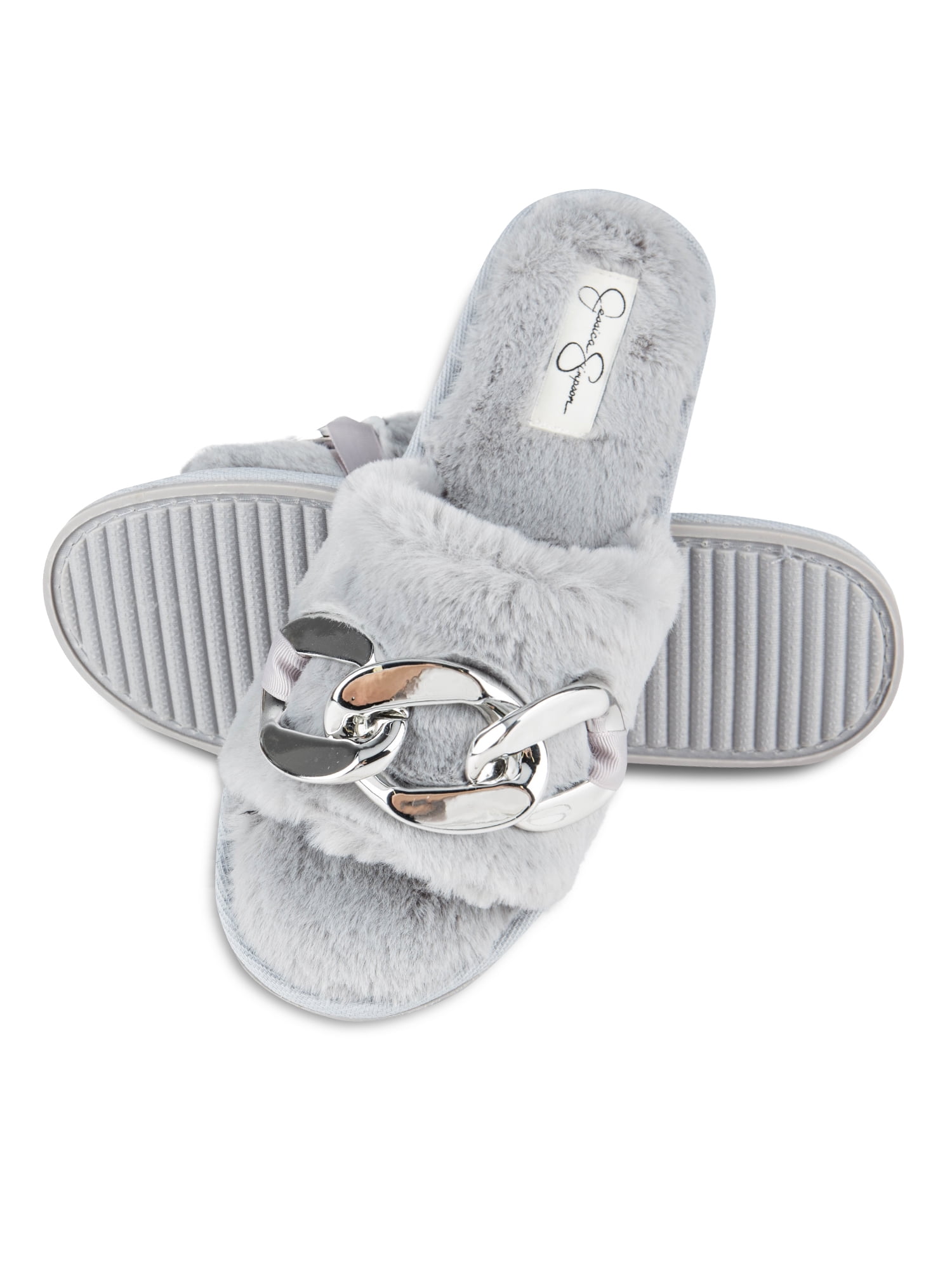 Jessica Simpson Womens Plush Faux Fur Fuzzy Slide On Open Toe Slipper ...