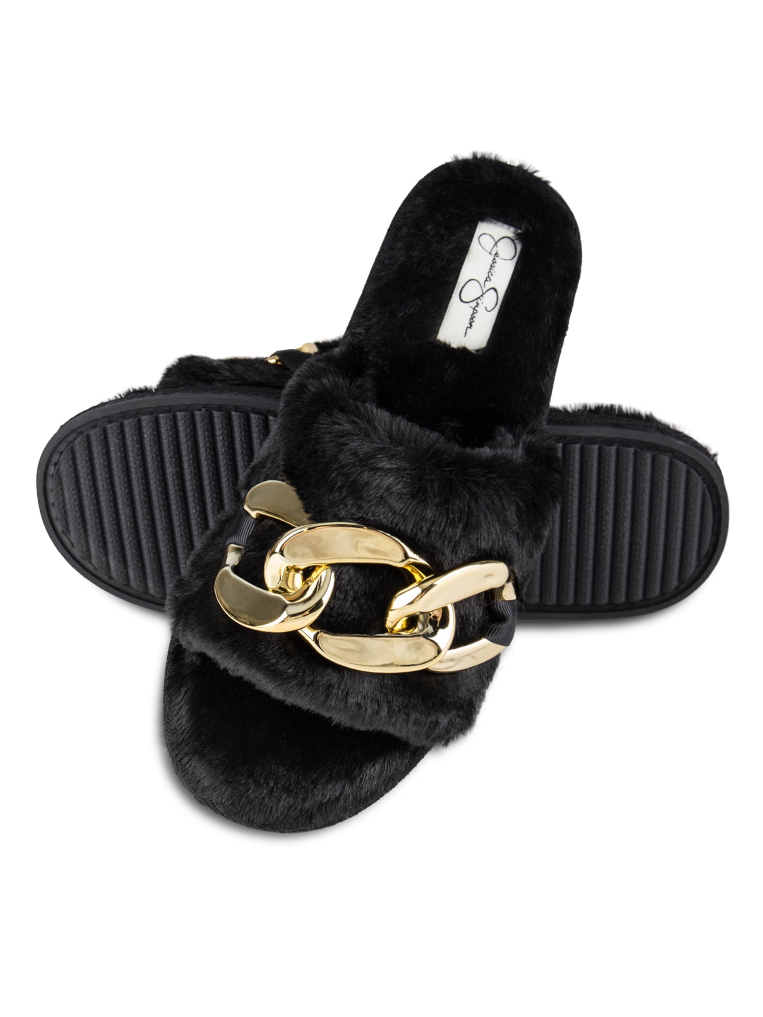 Jessica Simpson Womens Plush Faux Fur Fuzzy Slide On Open Toe Slipper ...