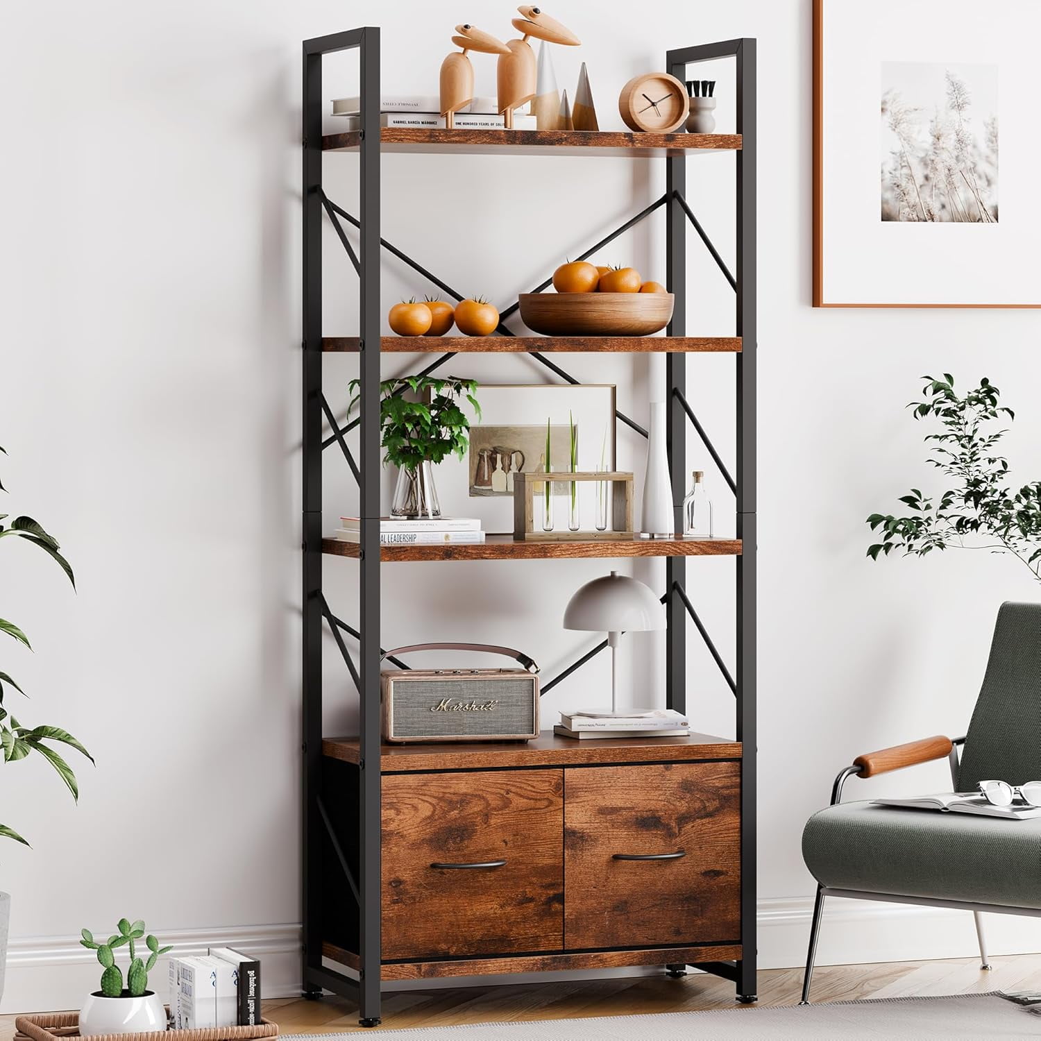 JessieMal 5 Tier Bookshelf with 2 Drawers, Industrial Tall Bookcase ...