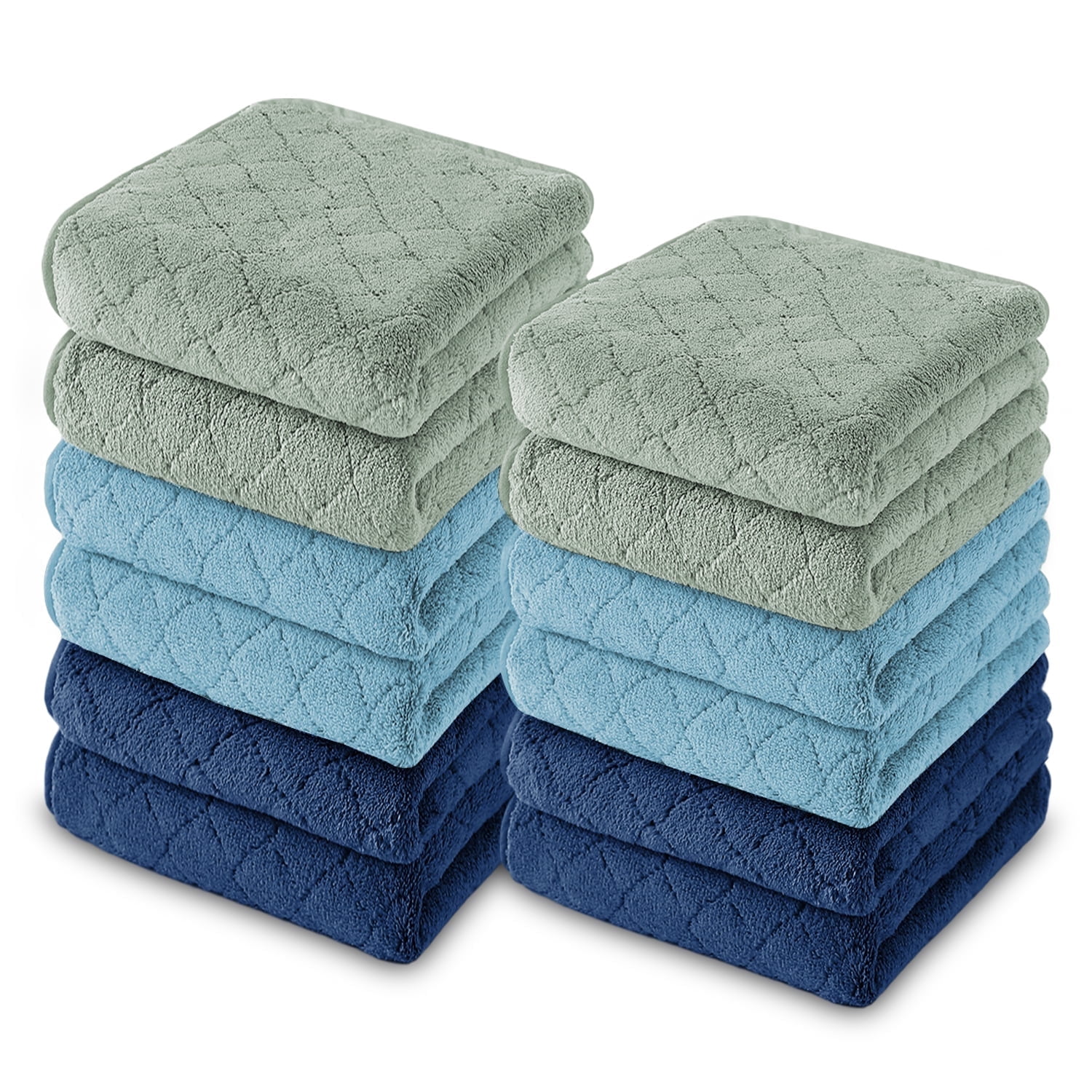 Jessy Home 12 Pack Navy Turquoise Green Washcloths for Bathroom 13x13 Inch Ultra Soft Hand Face ...