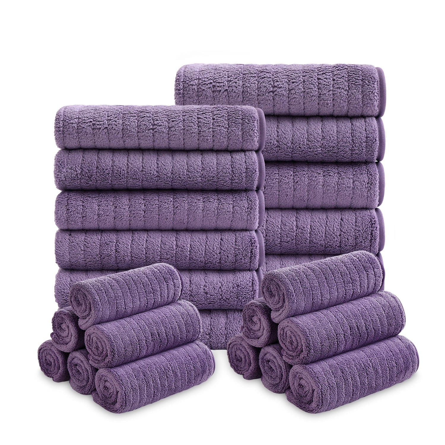 Jessy Home 24 Pack Dark Purple Stripe Washcloths for Bathroom 13x13 Inch Ultra Soft Hand Face ...