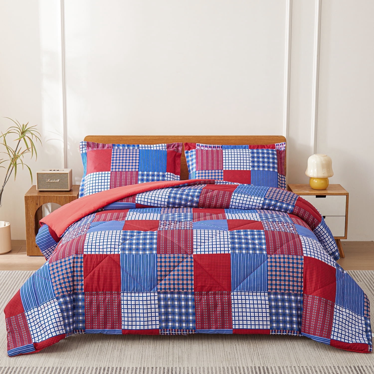 Jessy Home 3 Piece Comforter Set King Red Blue Plaid Quilt Microfiber ...