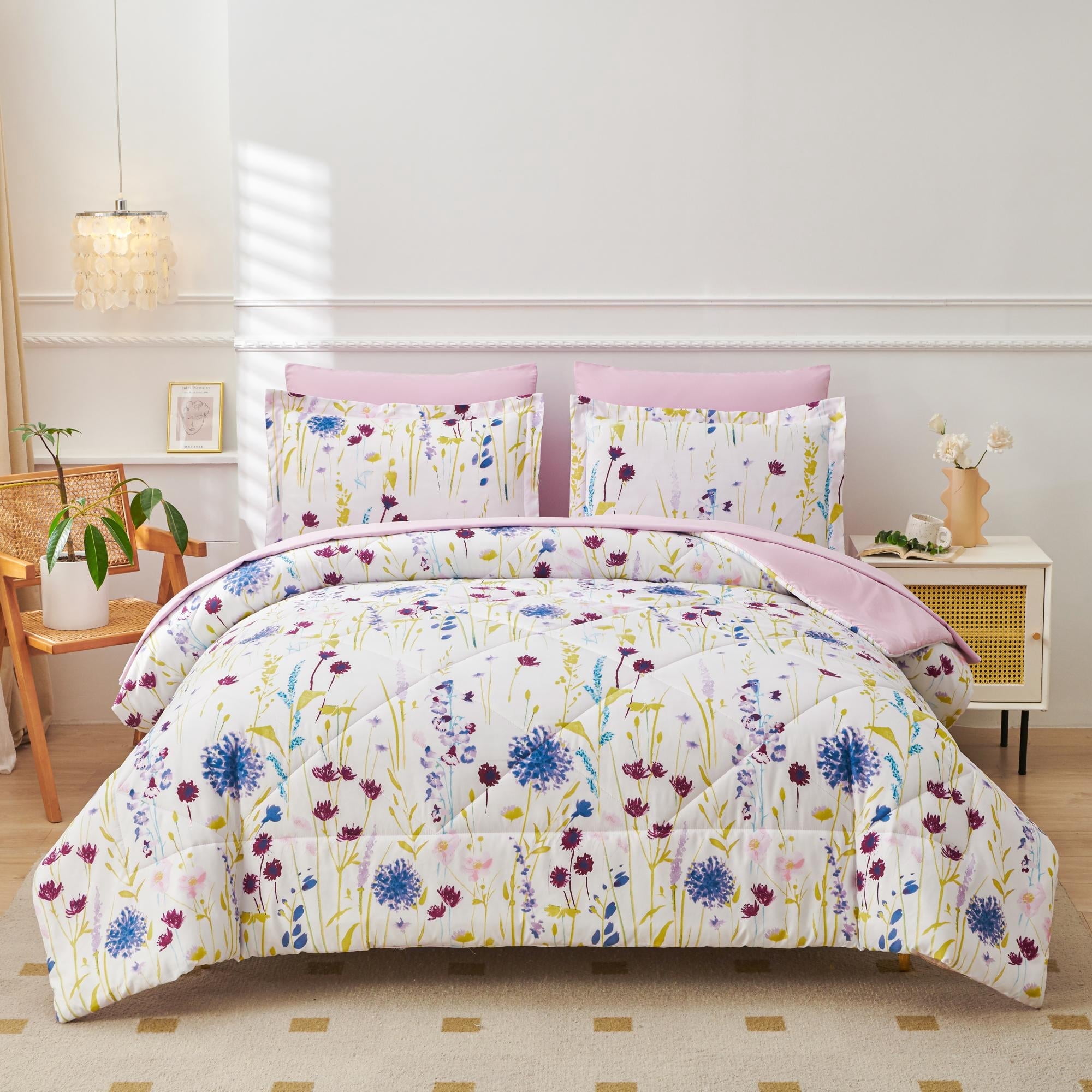 Jessy Home 3 Piece Comforter Set Queen Blue Purple Green Flower Quilt ...