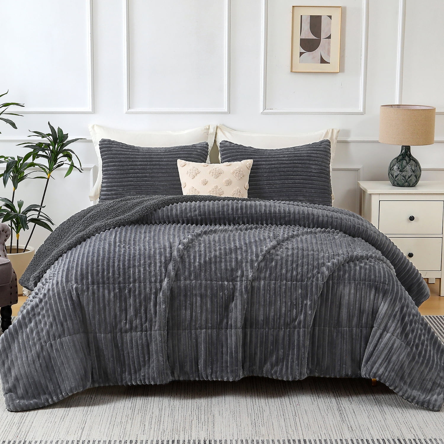 Jessy Home 3 Piece Fleece Queen Comforter Set - Soft & Warm Fluffy Dark ...