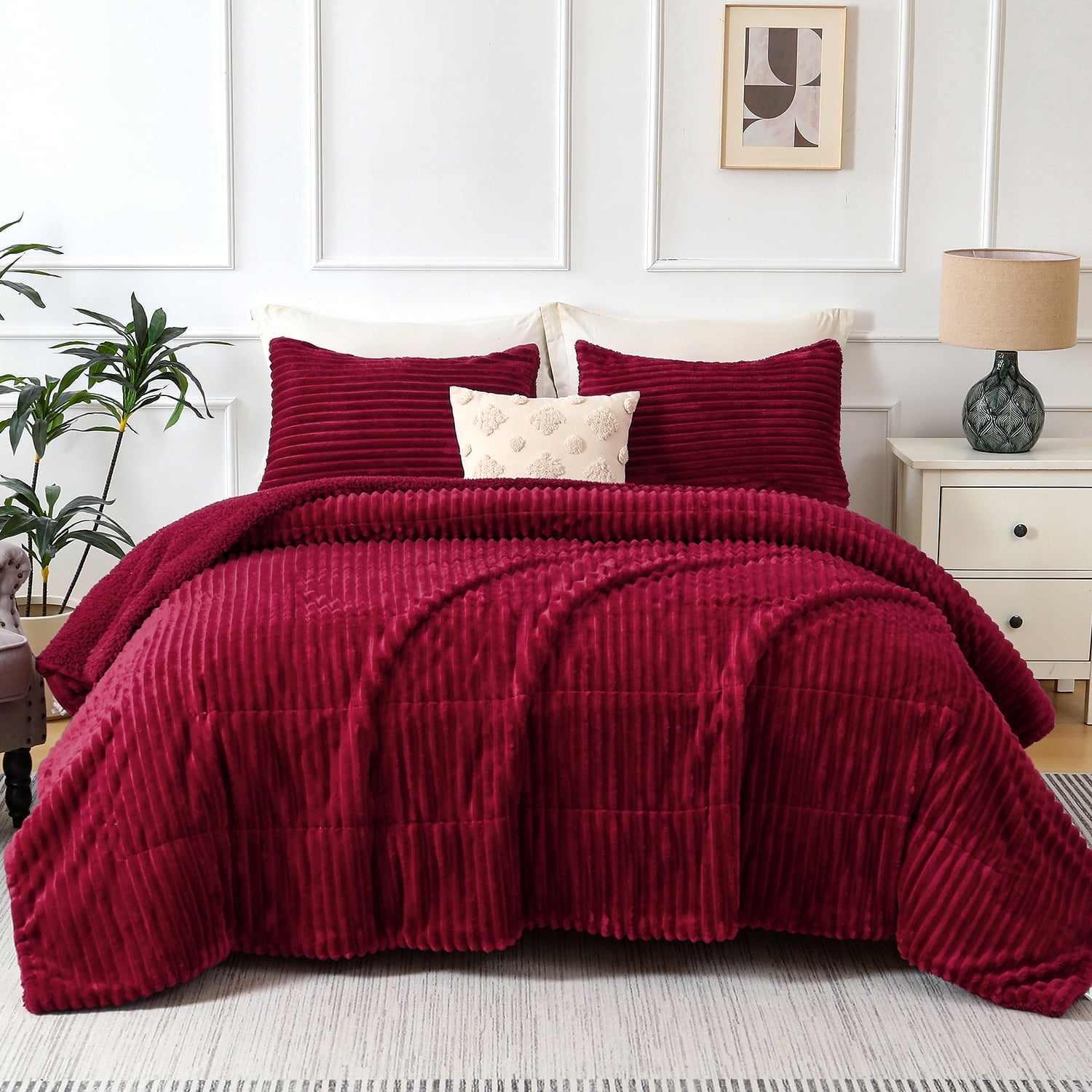 Jessy Home 3 Piece Fleece Queen Comforter Set - Soft & Warm Fluffy Wine ...