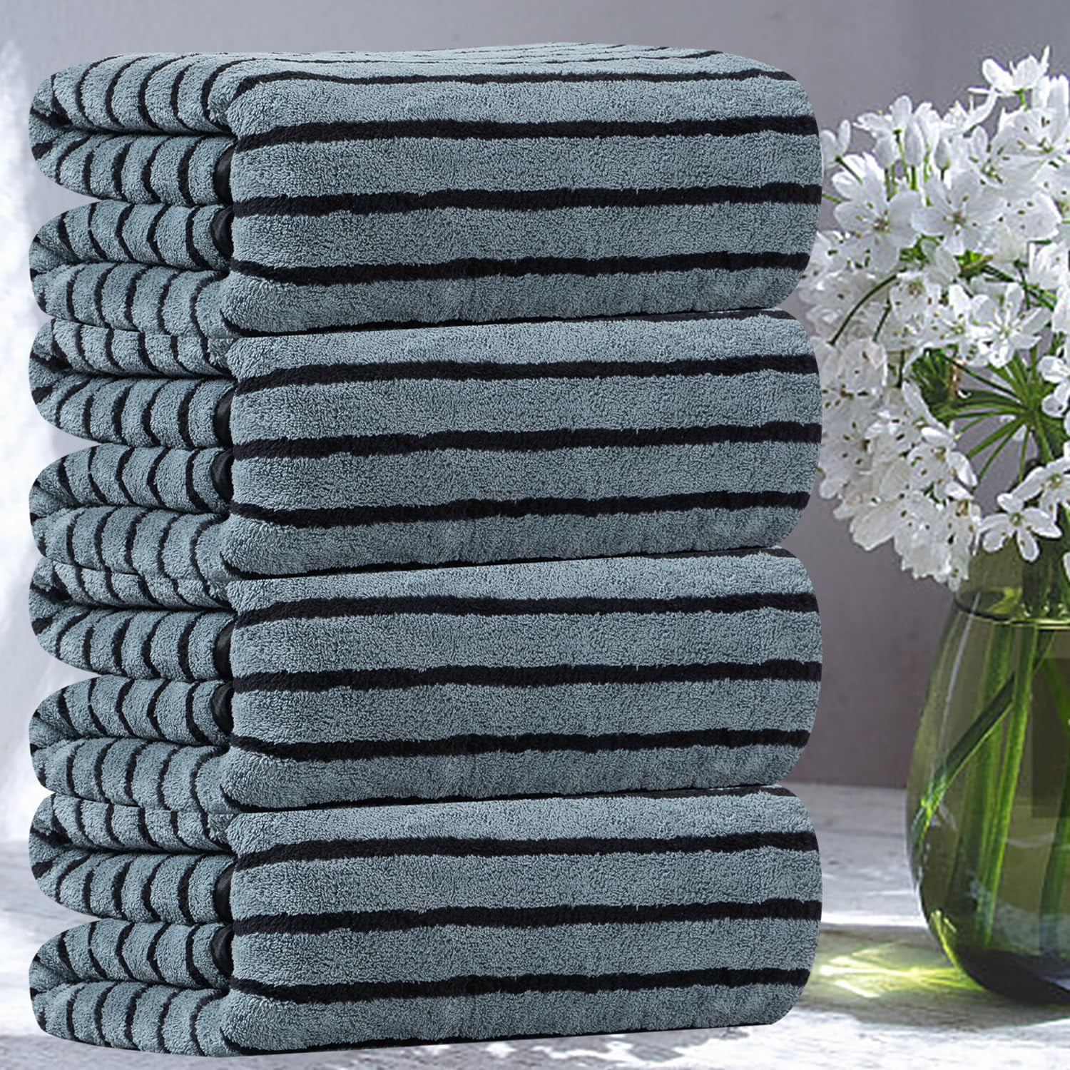 Jessy Home 4 Pack Black Bicolor bar Stripe Large Bath Towels Set ...