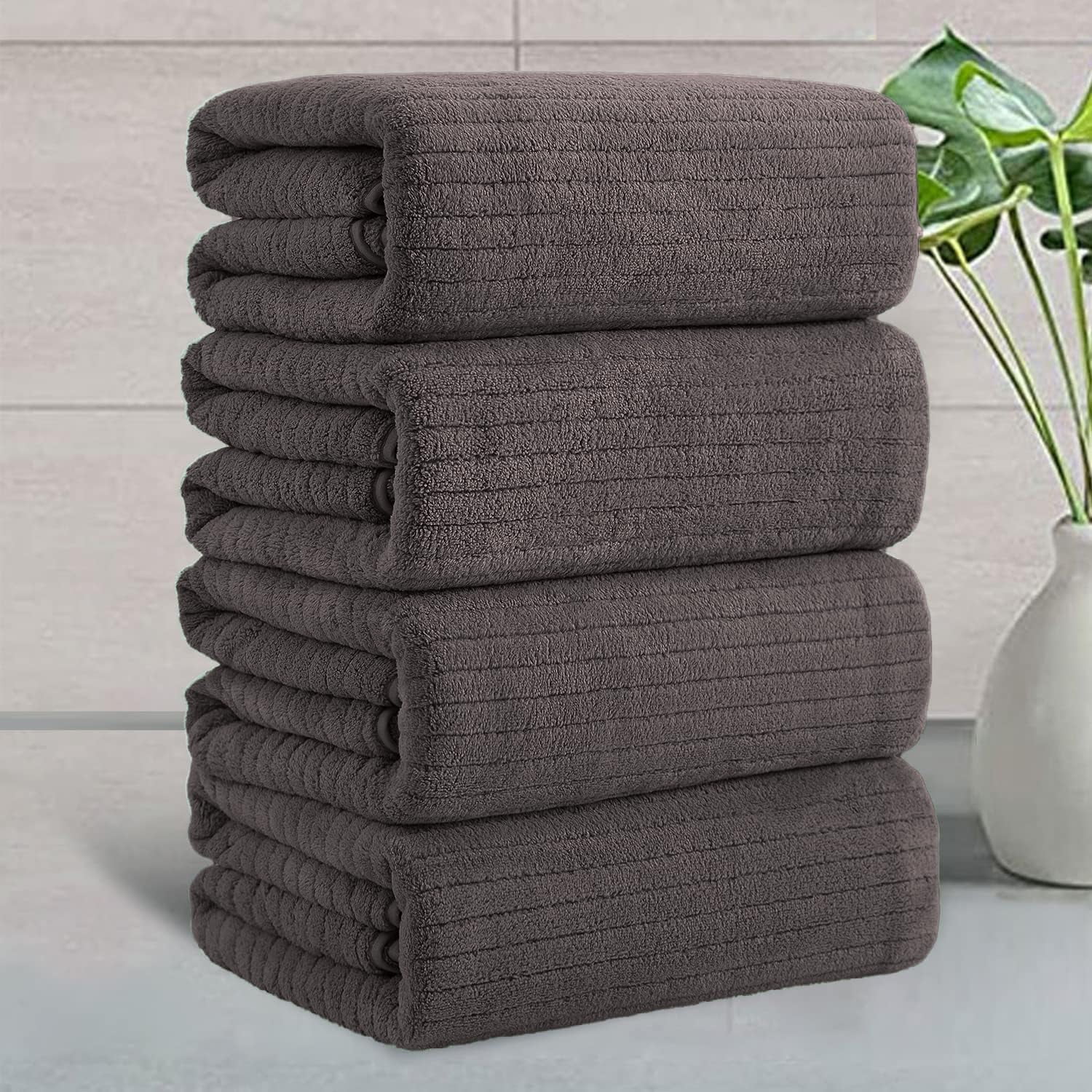 Jessy Home 4 Pack Black Brown Stripe Large Bath Towels Set Oversized Bath Sheet Soft Towel Set ...