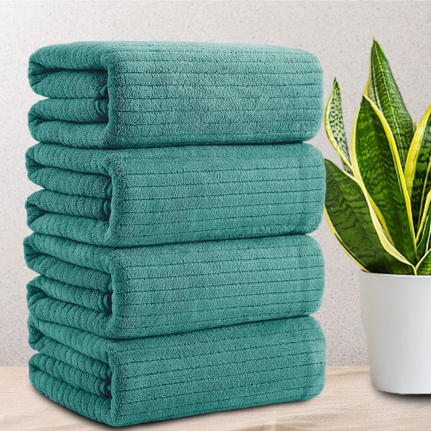 "Jessy Home XXL 4 Pack Green Pine Stripe Plush Soft Bath Towels Set ...