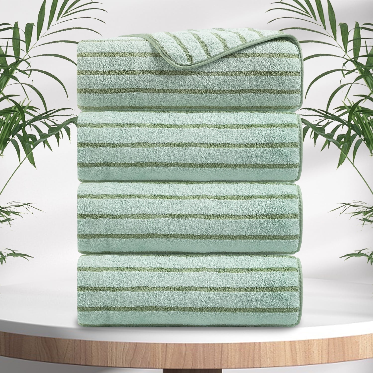 Jessy Home 4 Pack Light Green Bicolor Bar Stripe Large Bath Towels ...