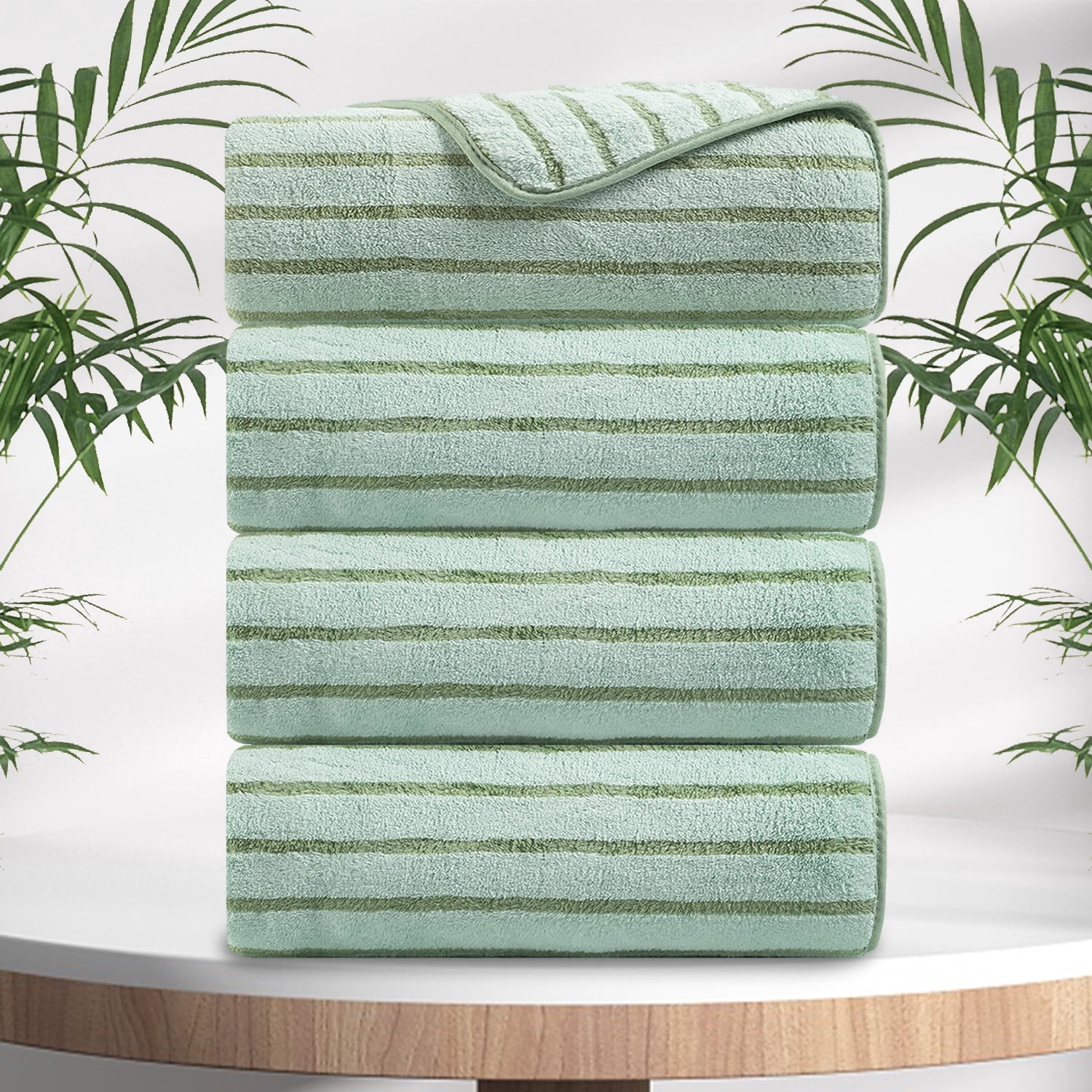 Jessy Home 4 Pack Light Green Bicolor bar Stripe Large Bath Towels Set ...