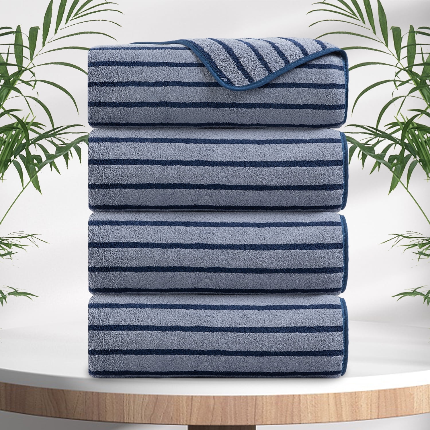 Jessy Home 4 Pack Navy Blue Bicolor bar Stripe Large Bath Towels Set ...