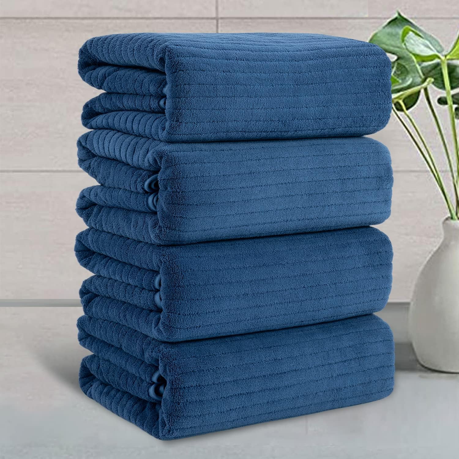 Jessy Home 4 Pack Navy Blue Stripe Large Bath Towels Set Oversized Bath ...