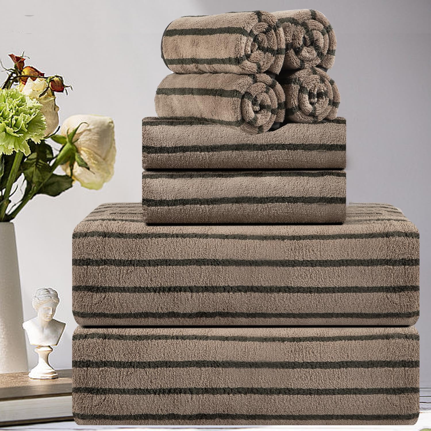 Jessy Home 8 Pcs Dark Brown Bicolor bar Stripe Large Bath Towels Set 2 Oversized Bathroom Towels ...