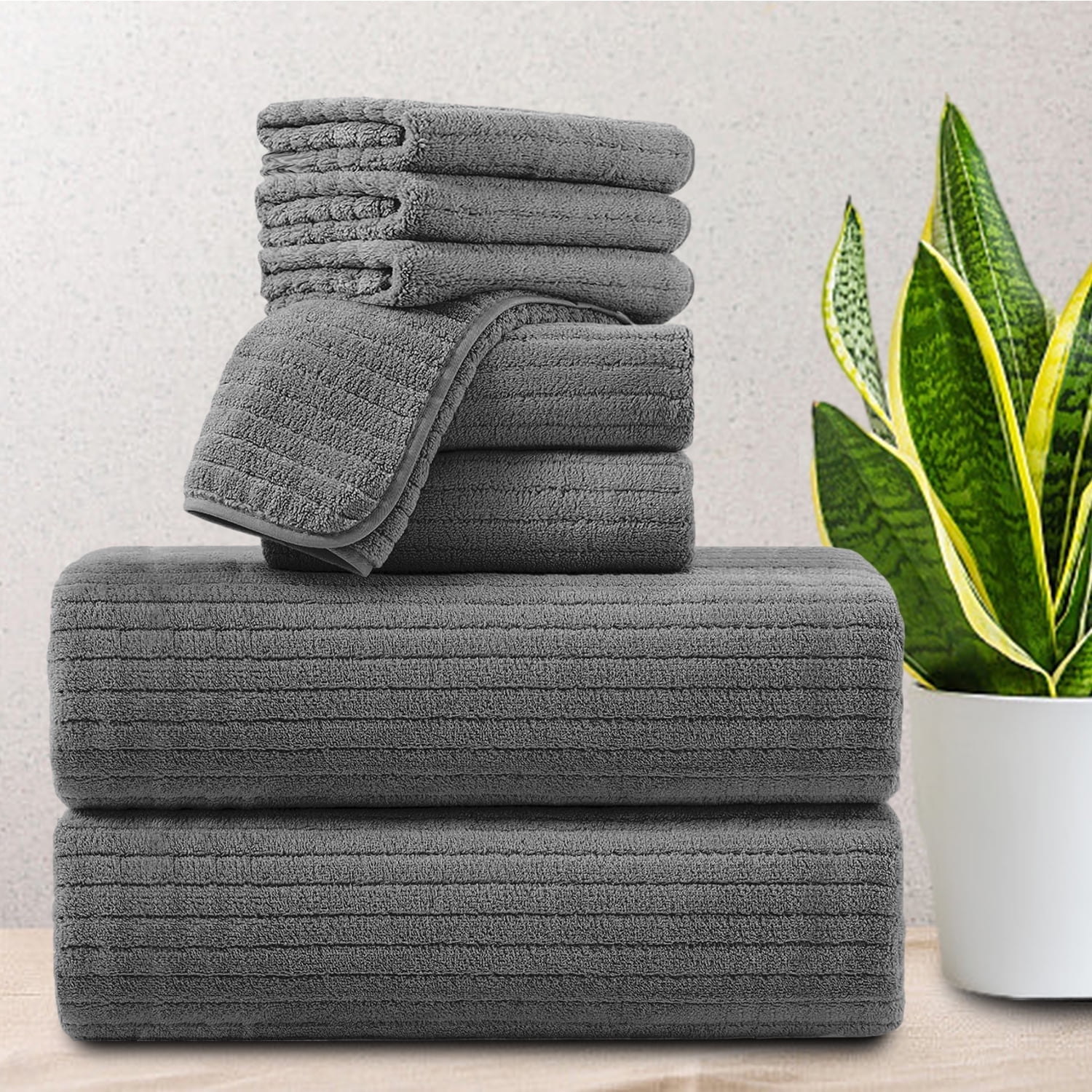 Jessy Home Lasting Hotel 8 Pcs Dark Gray Stripe Bath Towels Set: 2 ...