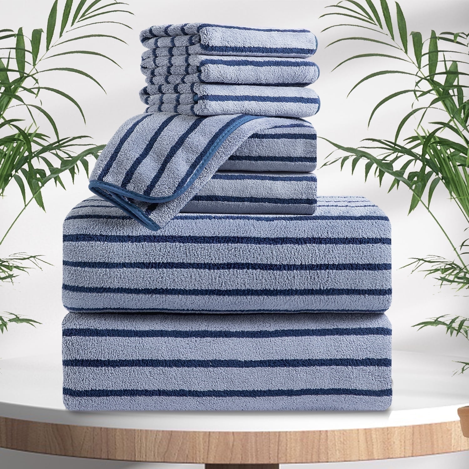 Jessy Home 8 Pcs Navy Blue Bicolor Stripe Large Bath Towels Set with ...