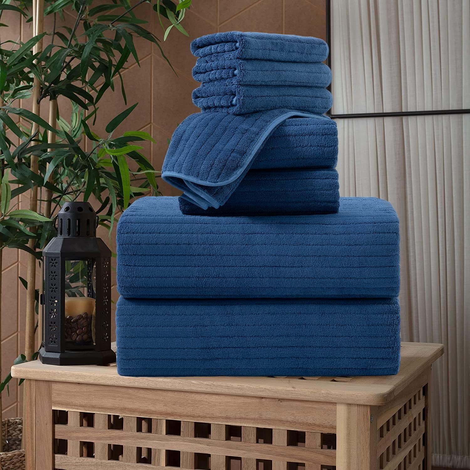 Jessy Home 8 Pcs Navy Blue Stripe Large Bath Towels Set 2 Oversized ...