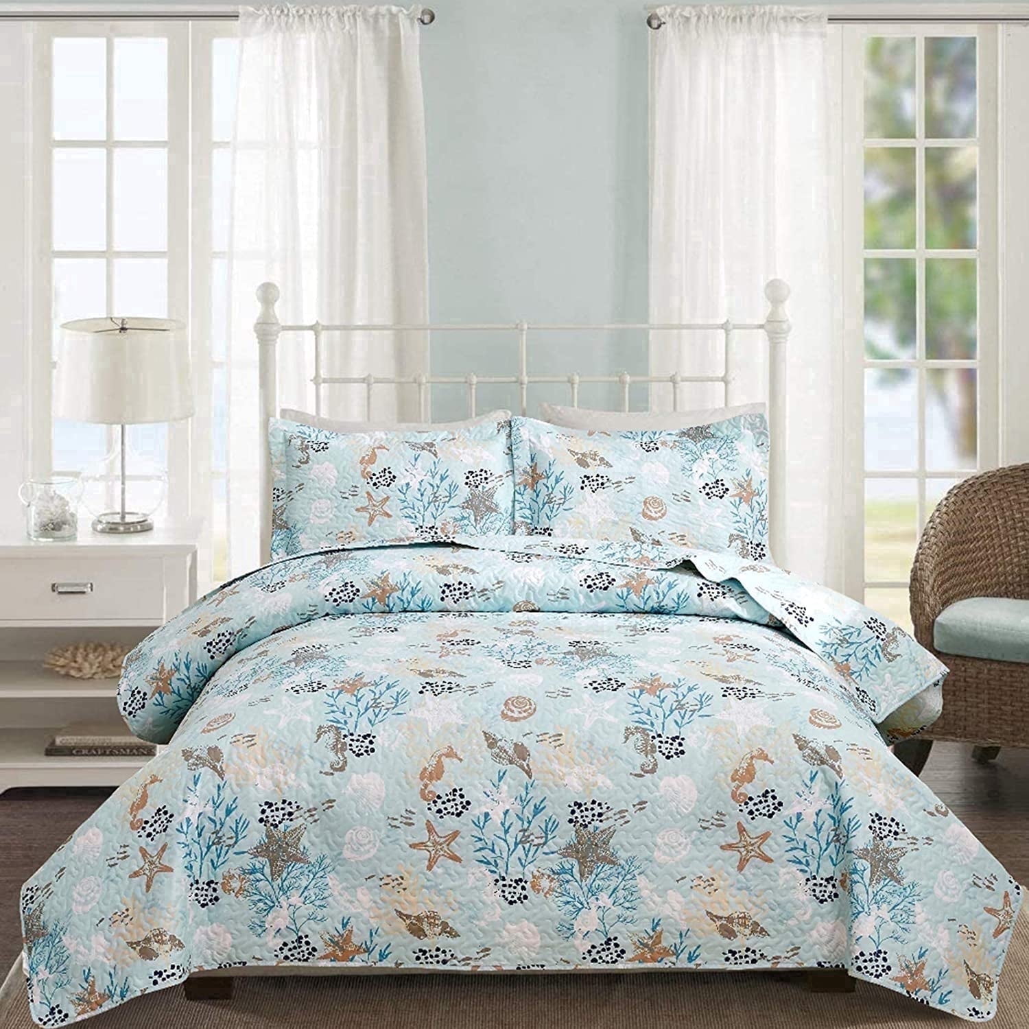 Jessy Home Beach Quilt Sets Queen/Full Size Blue Brown Coastal Bedding ...