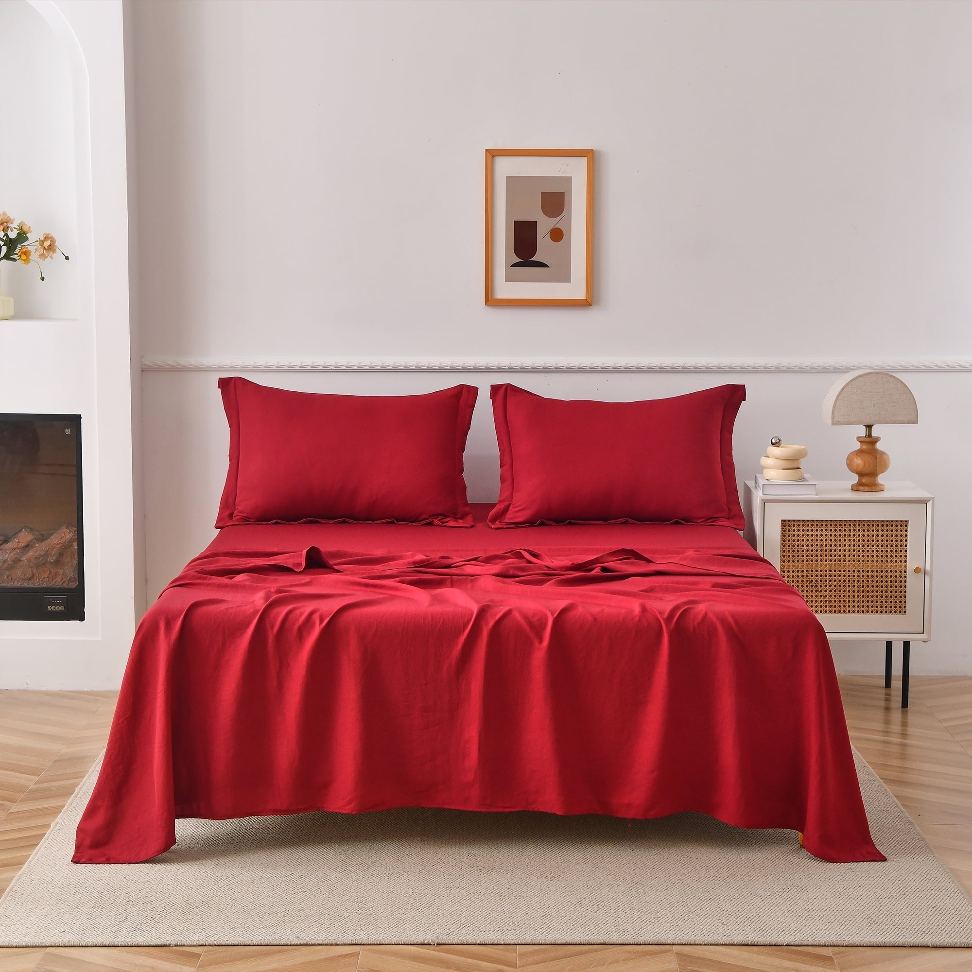Jessy Home Bed Sheets Set 4 Piece Queen/Full Sheet Set Wine Red Cotton ...