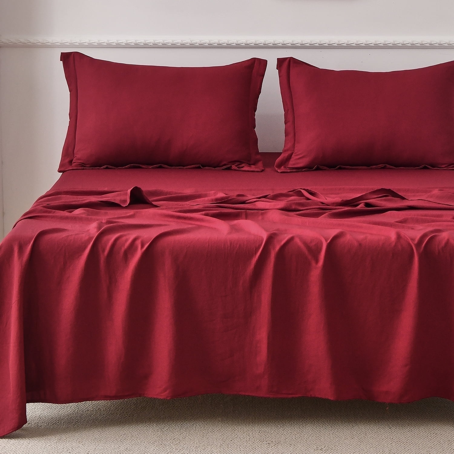 Jessy Home Bed Sheets Set 4 Piece Twin Sheet Set Wine Red Cotton Blend ...