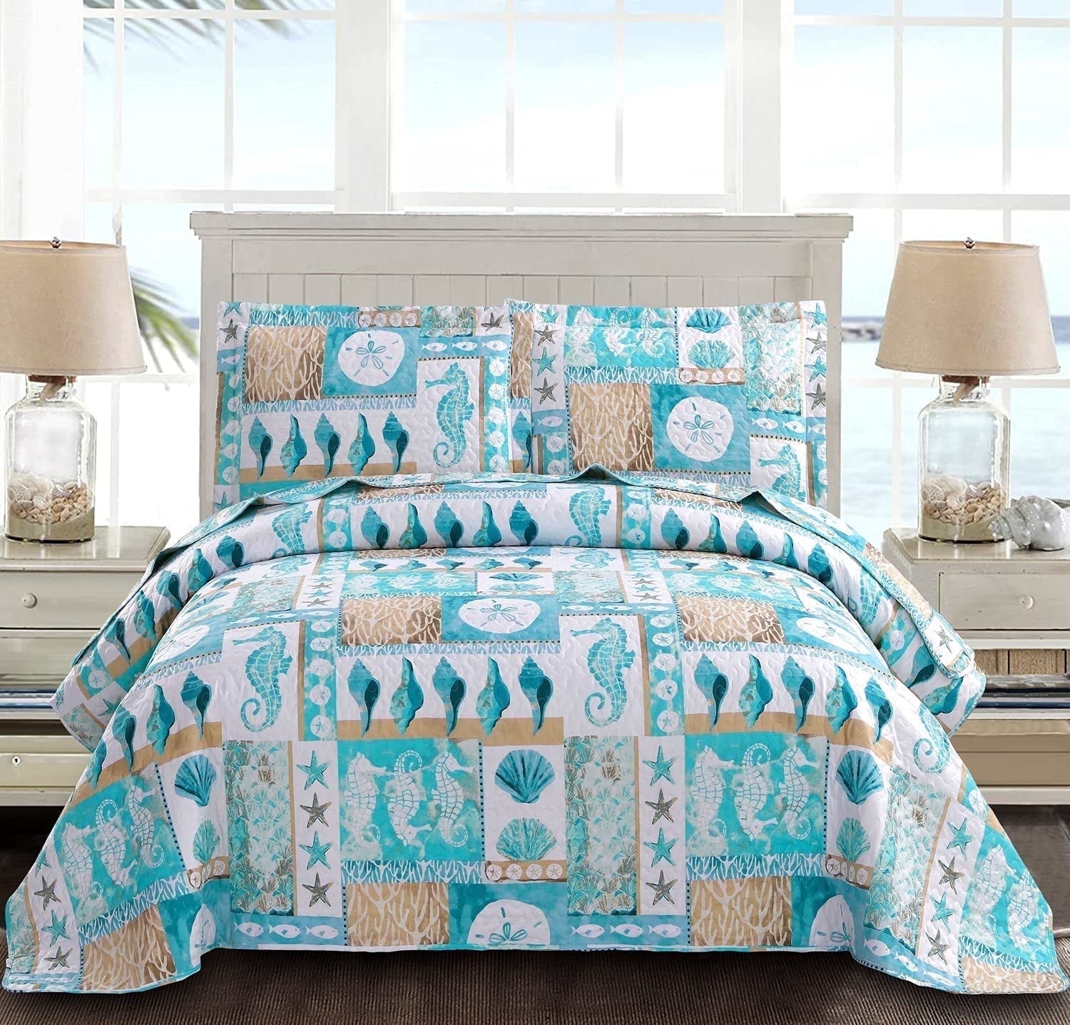 Jessy Home Blue Ocean Quilt Set King Size Beach Bedding 3 Piece Coastal ...