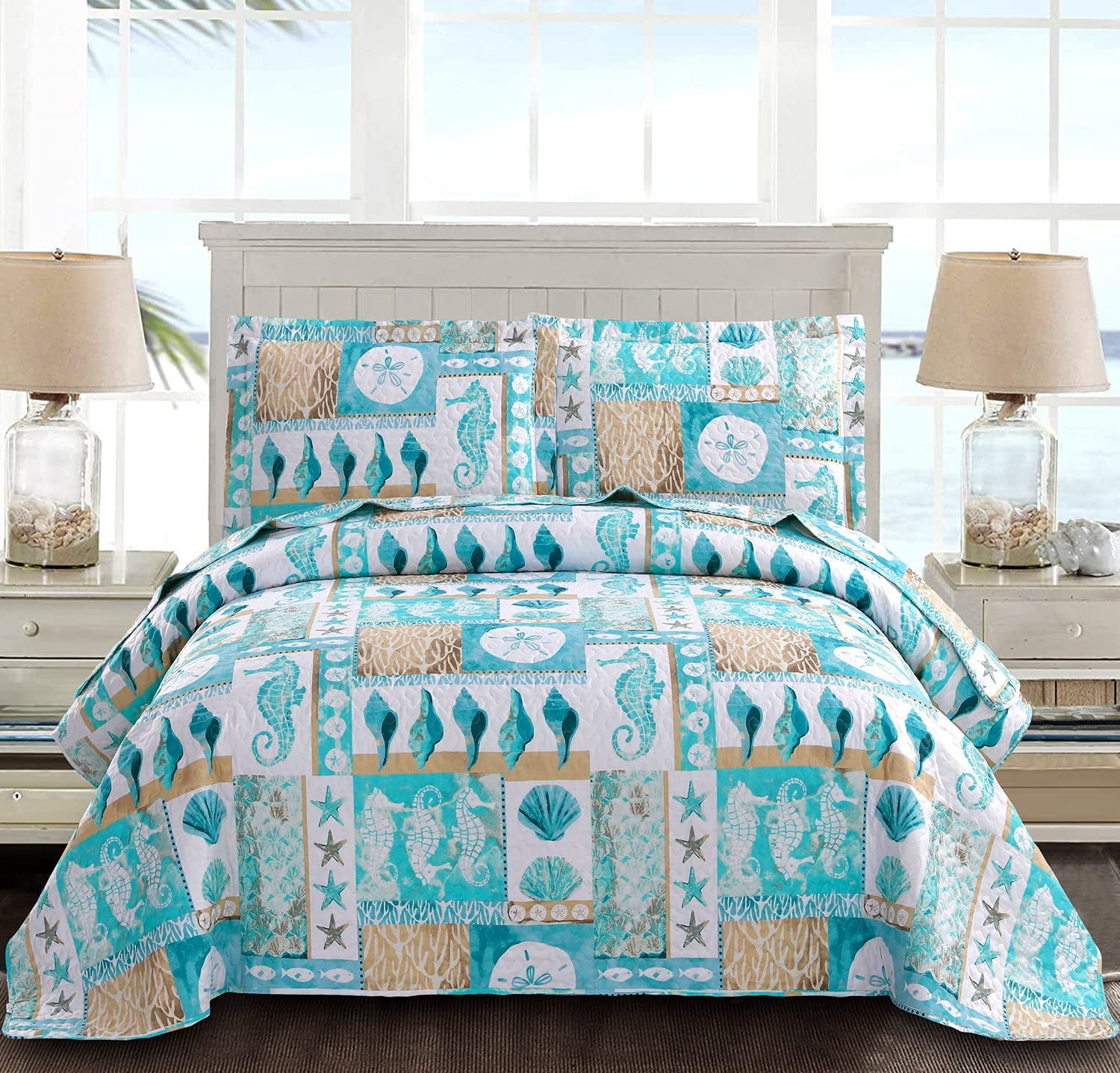 Jessy Home Queen Blue Ocean Quilt Set, 3 Piece Beachy Coastal Bedding ...