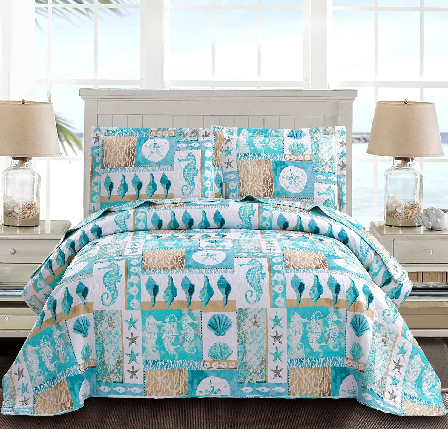 Jessy Home Blue Ocean Quilts Set Twin Size Beach Bedspreads 3 Piece ...