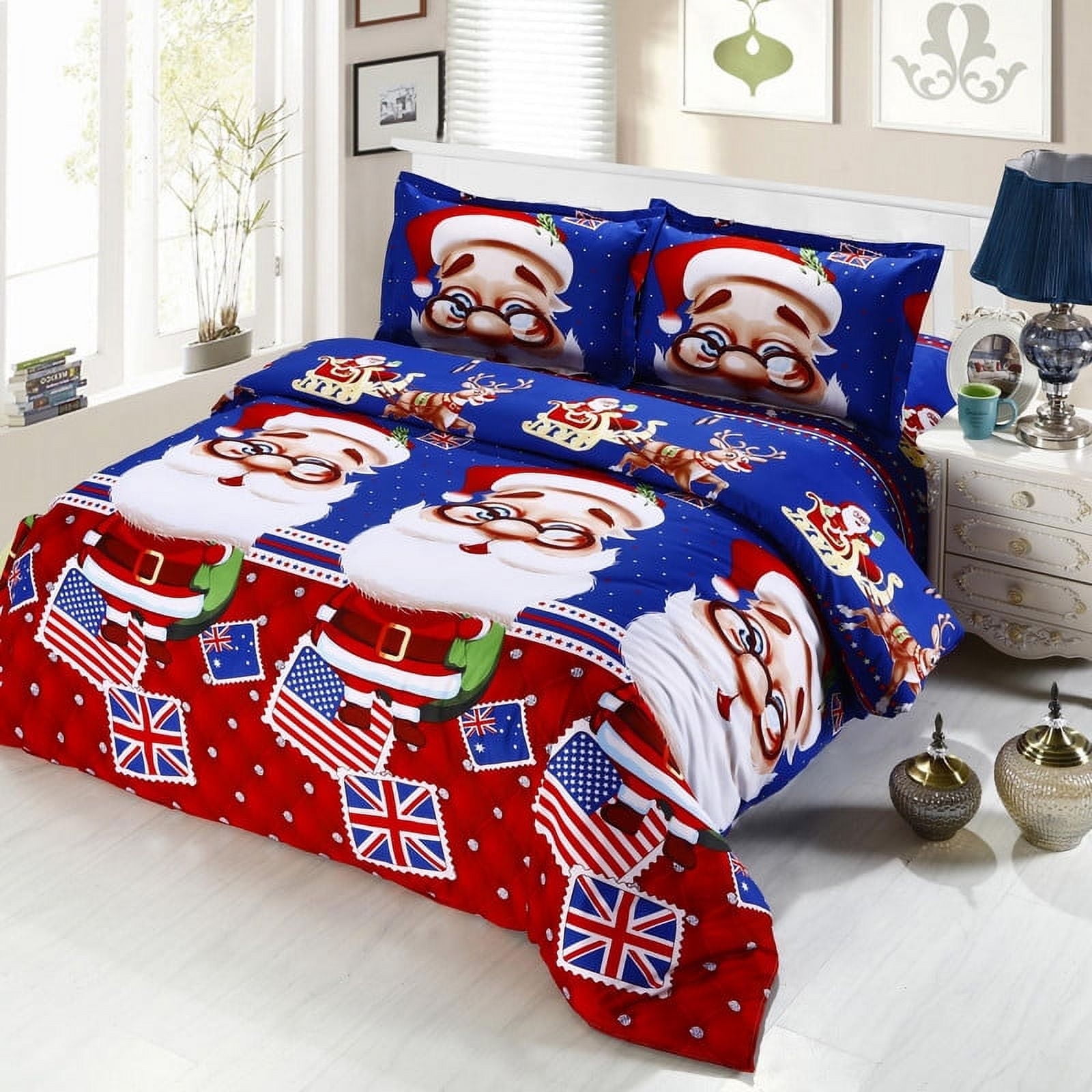 Jessy Home Blue Quilt Twin Size Bedding Microfiber Santa Claus ...
