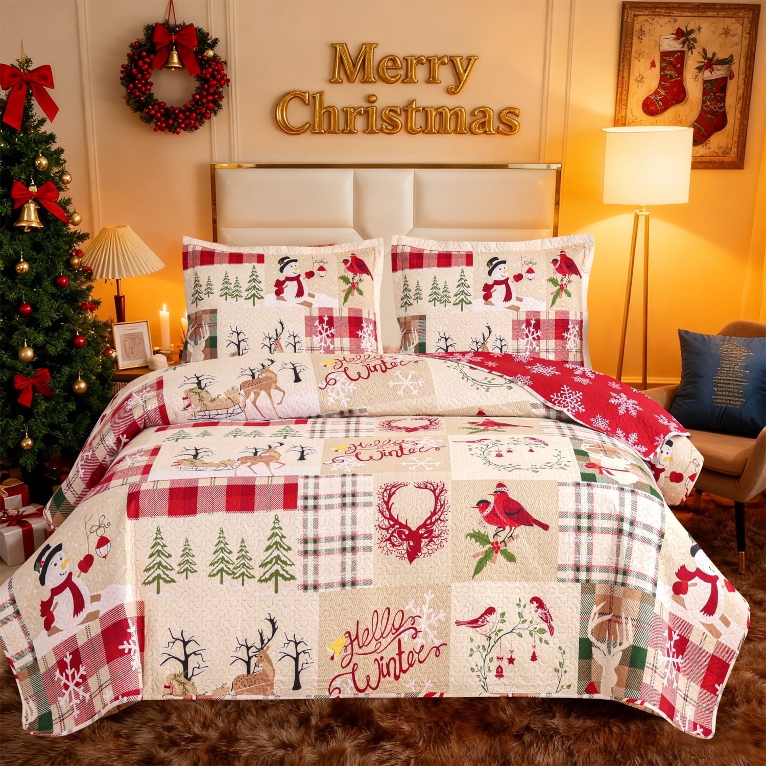 Jessy Home Christmas Quilt Set King Size Rustic Holiday Bedding Set ...