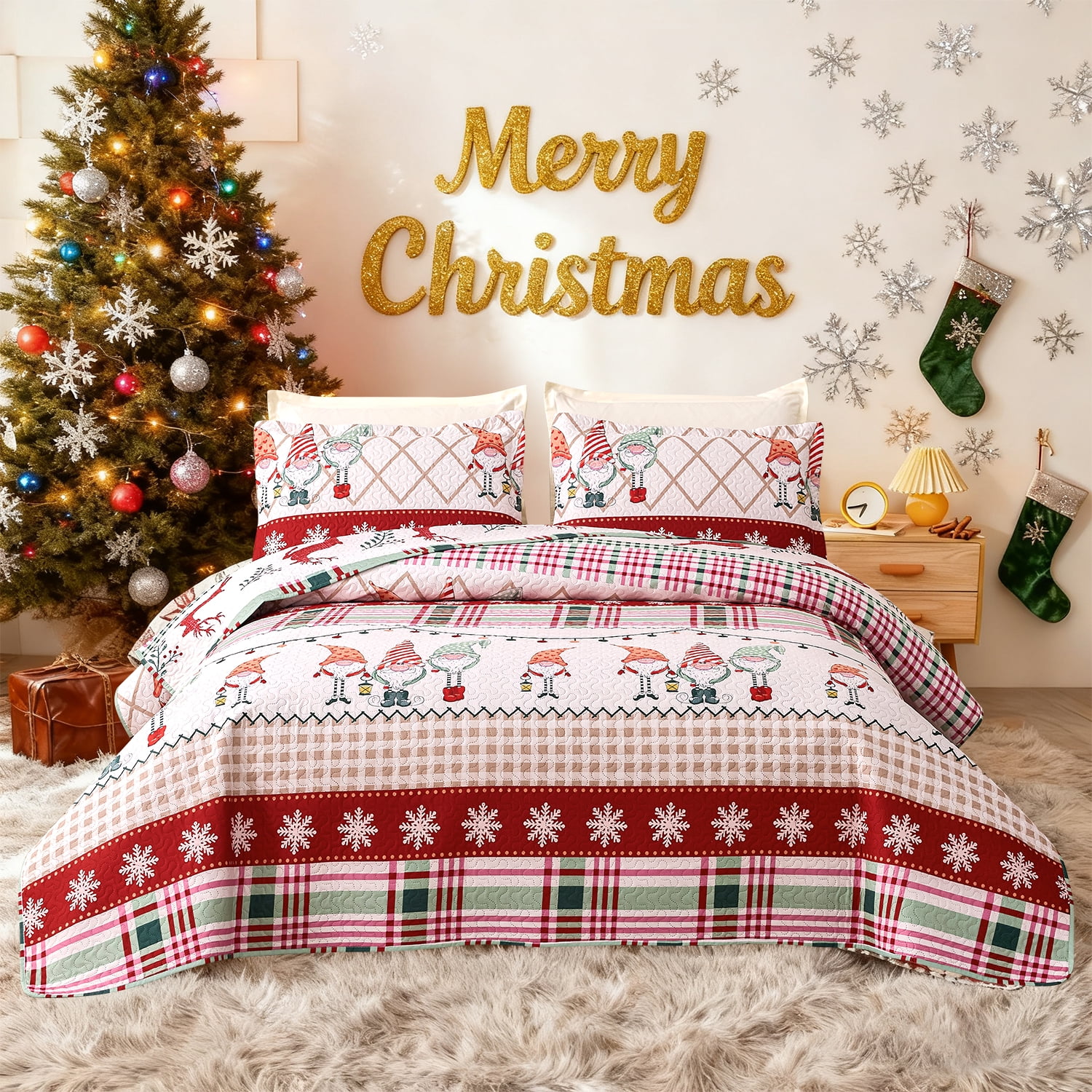 Jessy Home Christmas Quilt Set Queen/Full Size Rustic Holiday Bedding ...