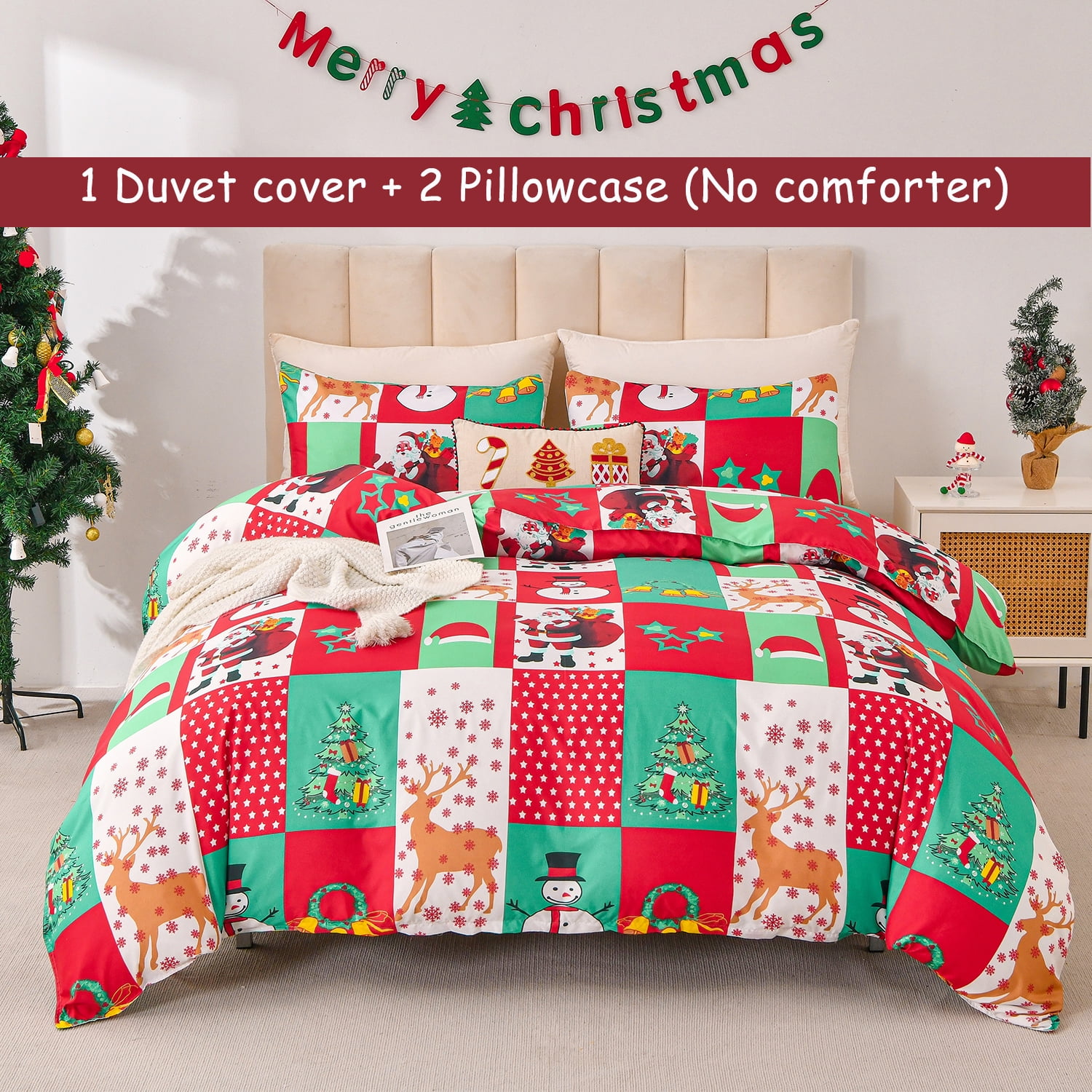 Jessy Home Christmas Deer Quilt Sets King Size Green Tree Bedding ...