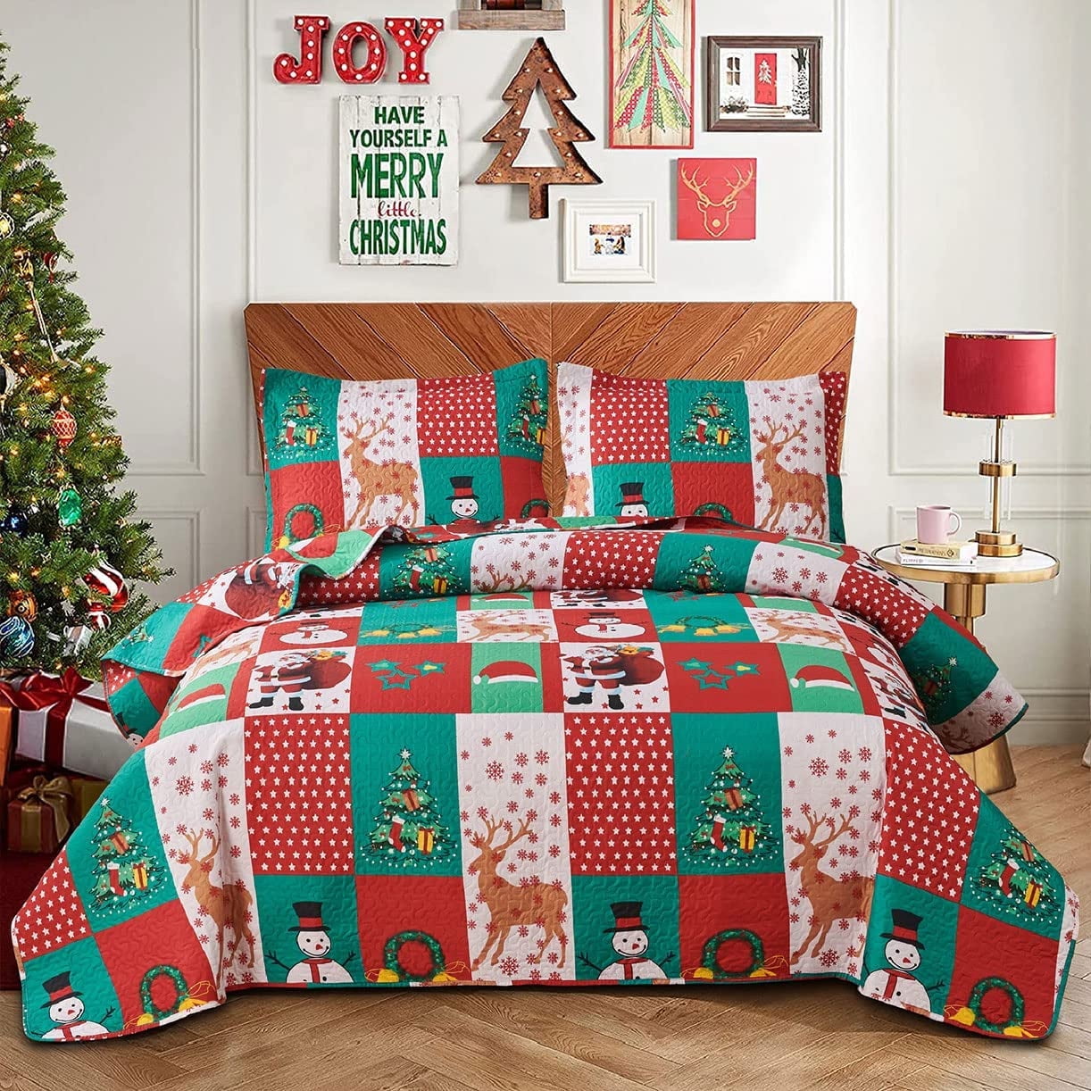 Jessy Home Christmas Deer Quilt Sets Queen/Full Size Green Tree Bedding ...