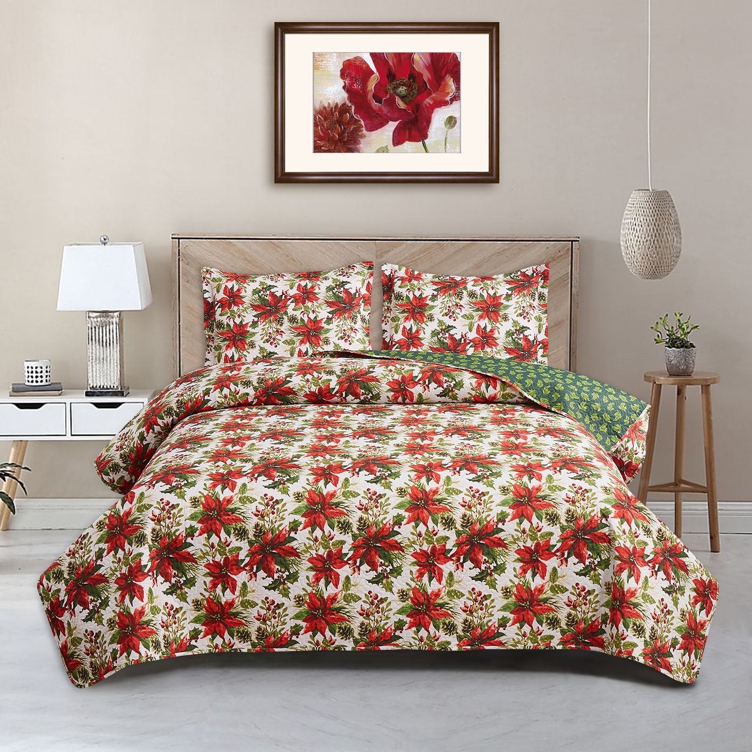 Jessy Home Christmas Floral Quilts King Red Poinsettia Bedspread ...