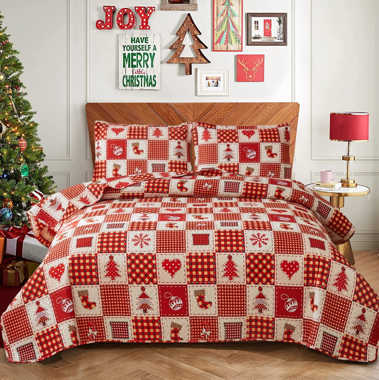 Jessy Home Christmas Plaid Quilt Twin Size Red Bedding Microfiber ...