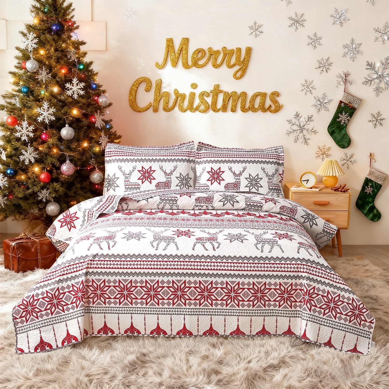 Jessy Home Christmas Quilt Set King Size Rustic Holiday Bedding Set ...