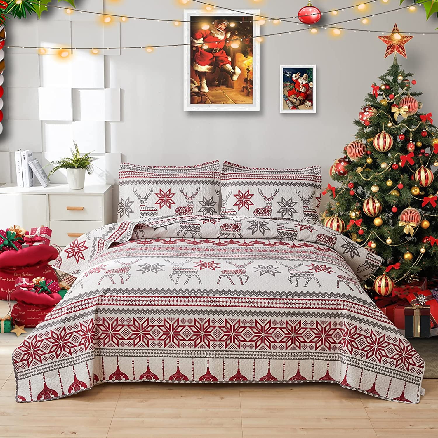 Jessy Home Christmas Reindeer Quilt Queen/Full Size Red Flower Bedding ...