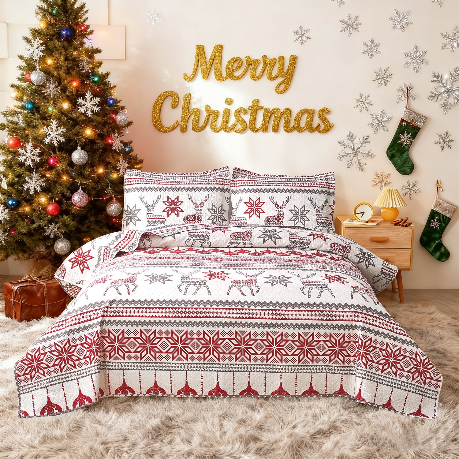 Jessy Home Christmas Quilt Set Queen/Full Size Rustic Holiday Bedding ...