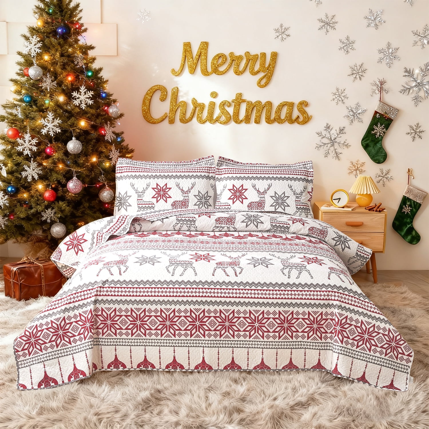 Jessy Home Christmas Quilt Set Queen/Full Size Rustic Holiday Bedding ...