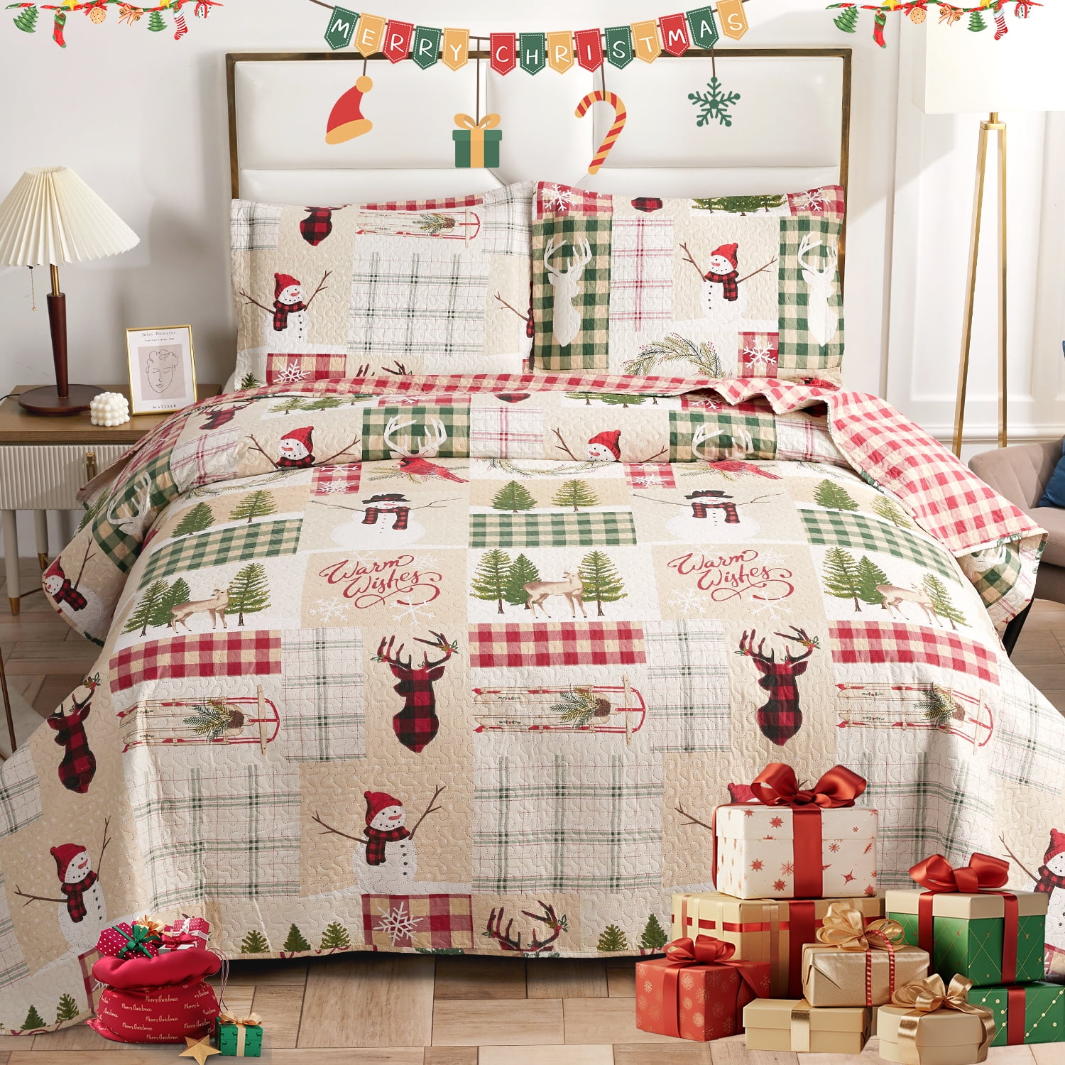 Jessy Home Christmas Holiday Snowman Quilt Cover Queen/Full Size Deer ...