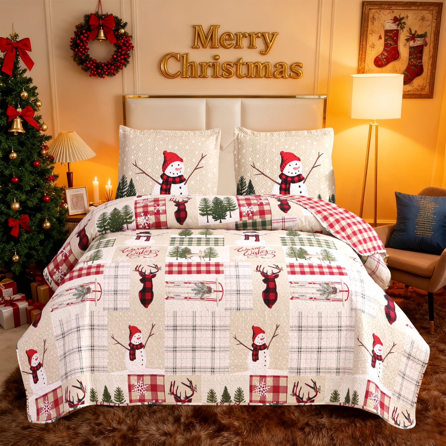 Jessy Home Christmas Quilt Set Queen/Full Size Rustic Holiday Bedding ...