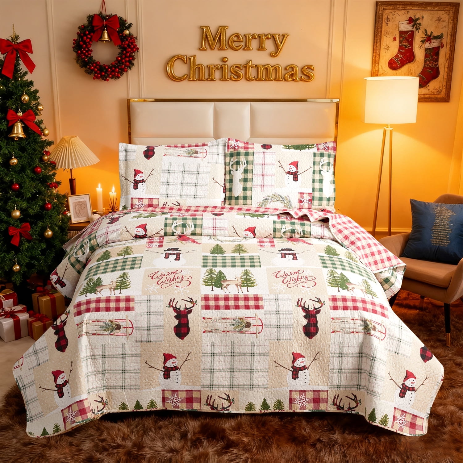 Jessy Home Christmas Quilt Set King Size Rustic Holiday Bedding Set ...