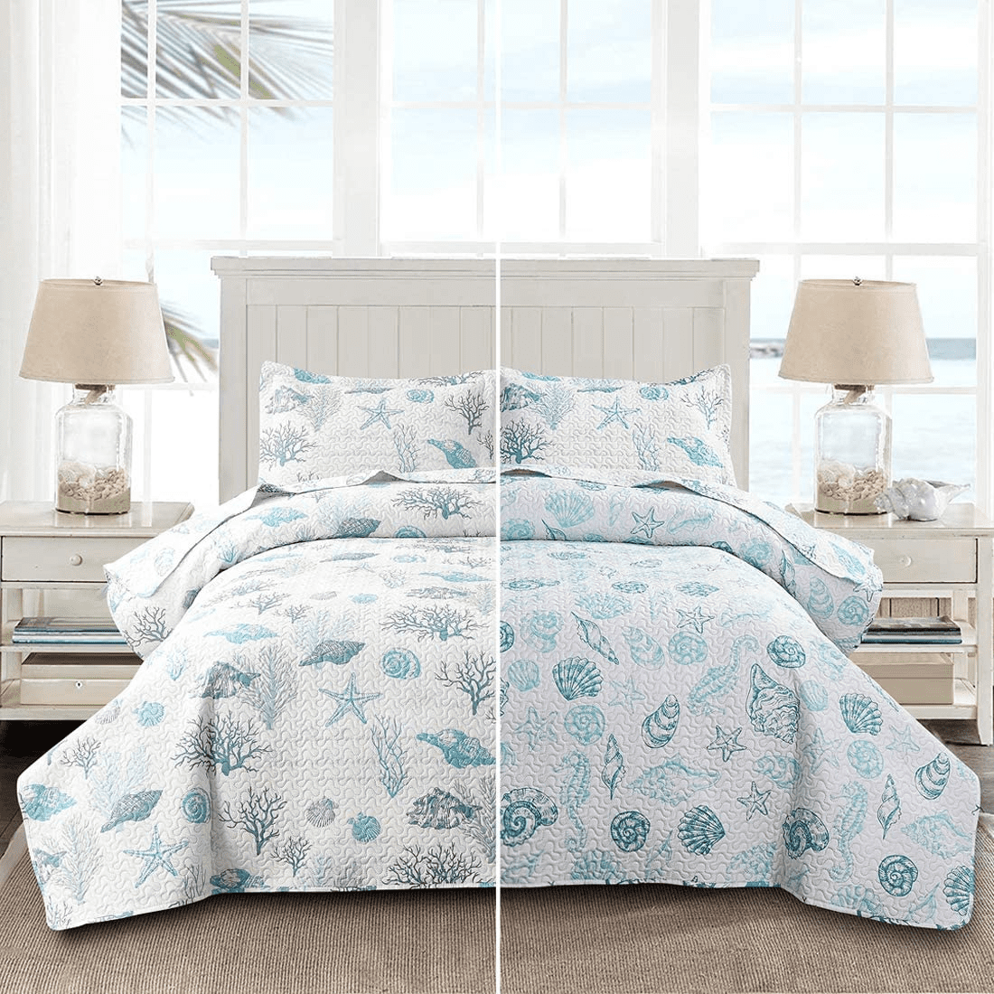 Jessy Home Nautical Queen Set, Beachy Seashell Themed, Blue Ocean ...