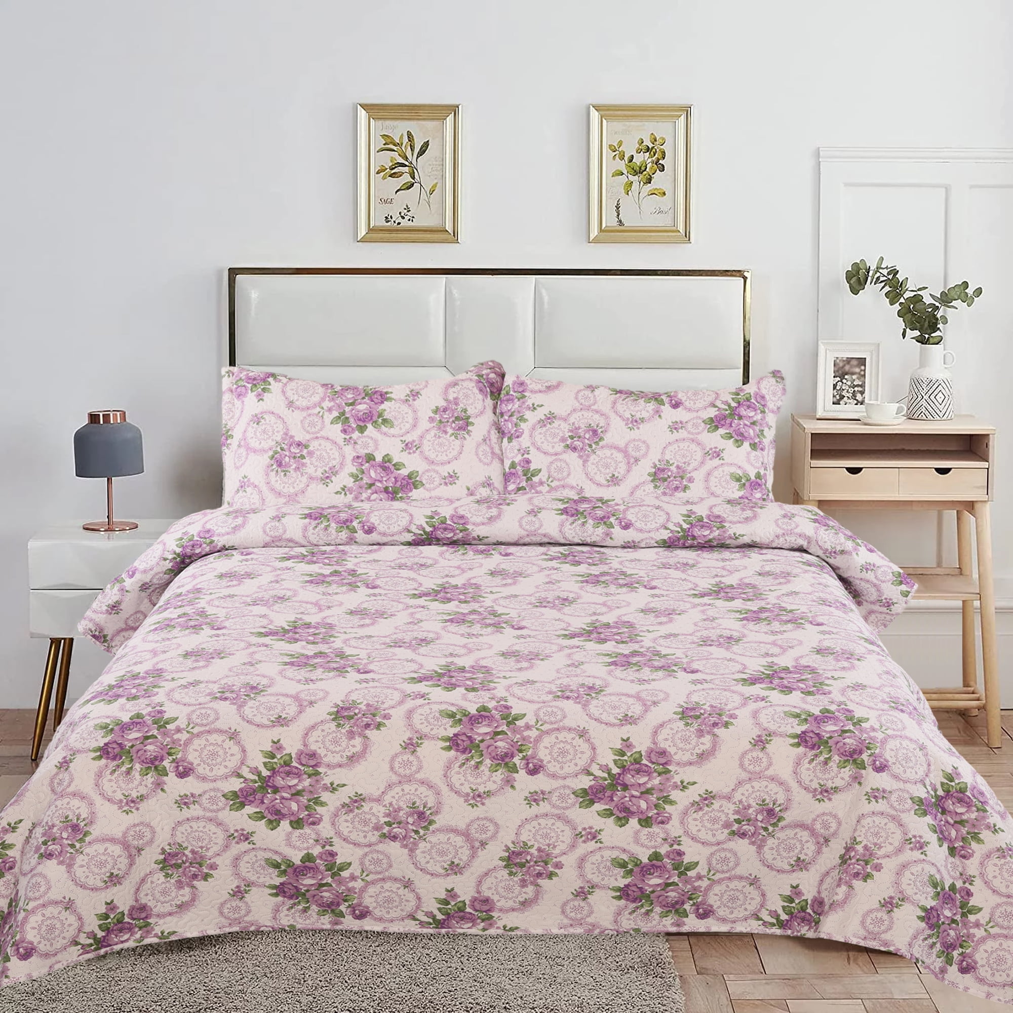 Jessy Home Queen/Full Floral Bedding Set, Purple Green Botanical ...