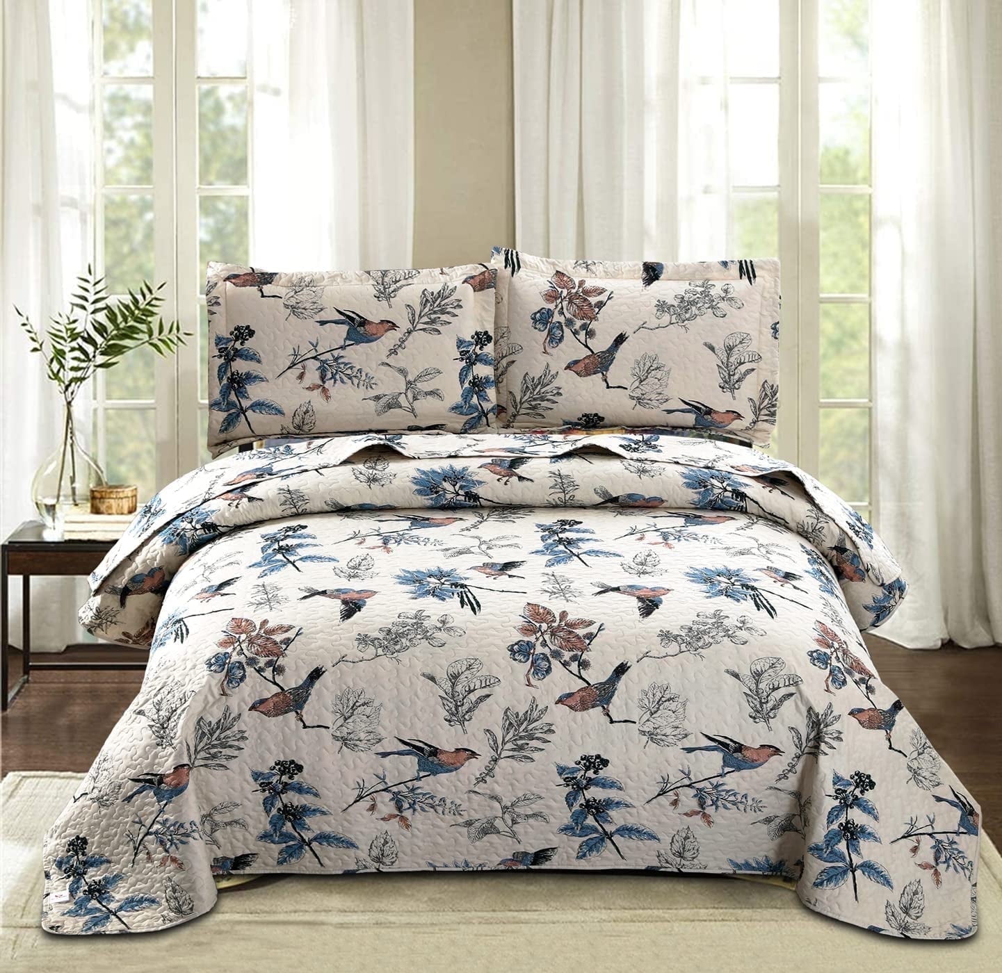Jessy Home Floral Bedspread King Size Vintage Bird Quilt Microfiber ...