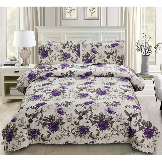Jessy Home Floral Bedspread Queen/Full Size Vintage Purple Bird Quilt ...